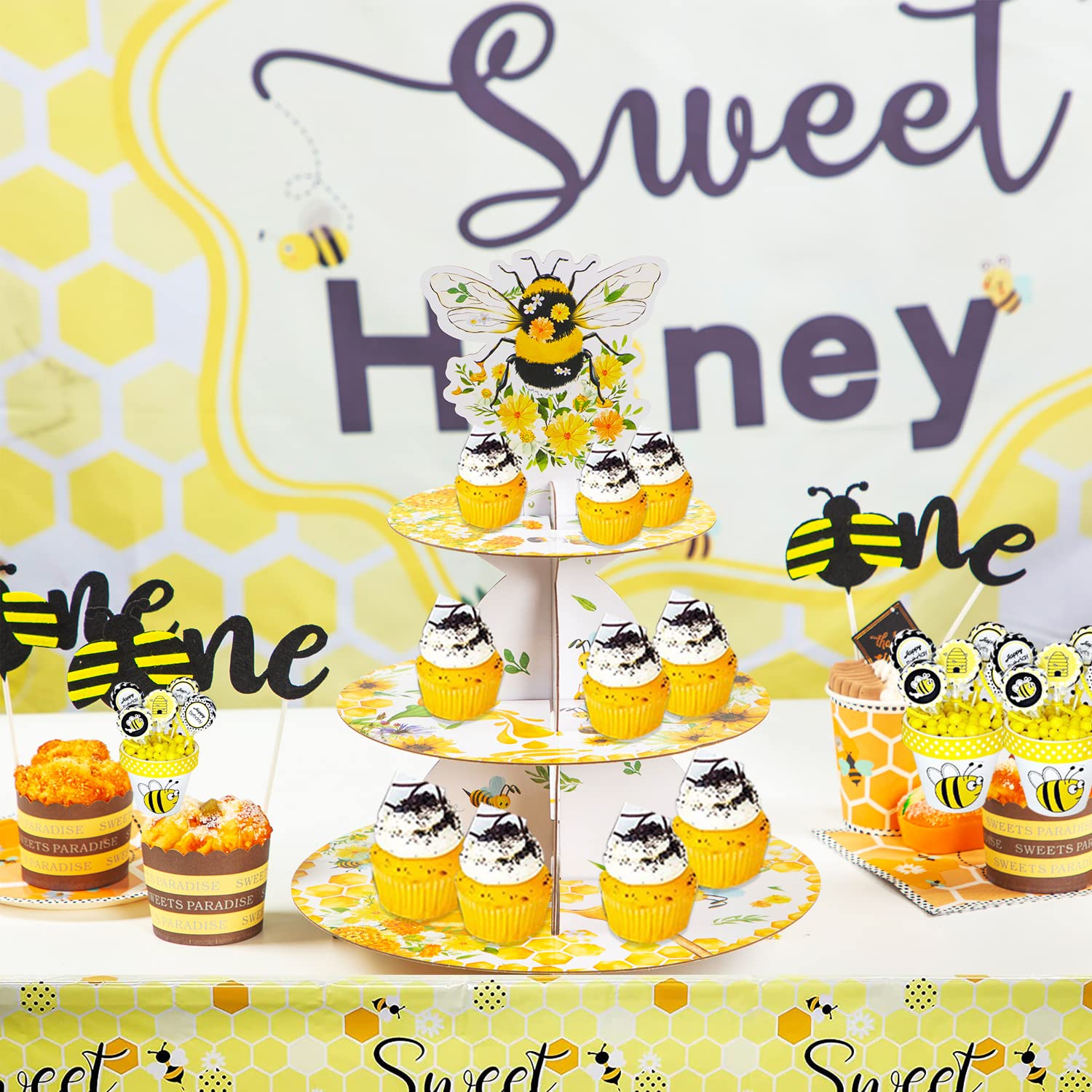 KVCSYAW 3 Tier Bee Cupcake Stand, Yellow, Cardboard, Round, 12 x 12 x 15.2 in