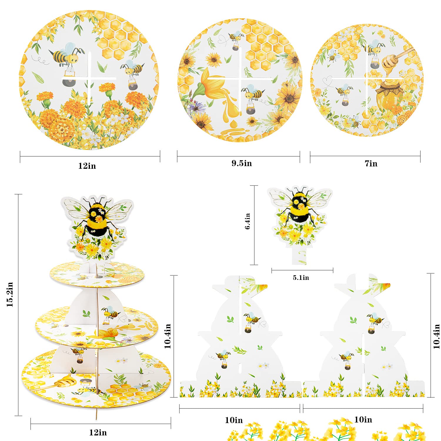 KVCSYAW 3 Tier Bee Cupcake Stand, Yellow, Cardboard, Round, 12 x 12 x 15.2 in