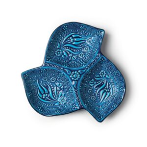 lemose leaf shaped decorative ceramic appetizer plate - 3 compartment snack tray floral pattern serving platter cute blue divided plates embossed dinnerware bowls dish for fruits, dips