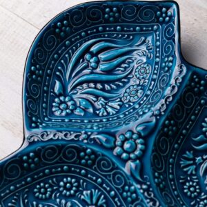 Lemose Leaf Shaped Decorative Ceramic Appetizer Plate - 3 Compartment Snack Tray Floral Pattern Serving Platter Cute Blue Divided Plates Embossed Dinnerware Bowls Dish for Fruits, Dips