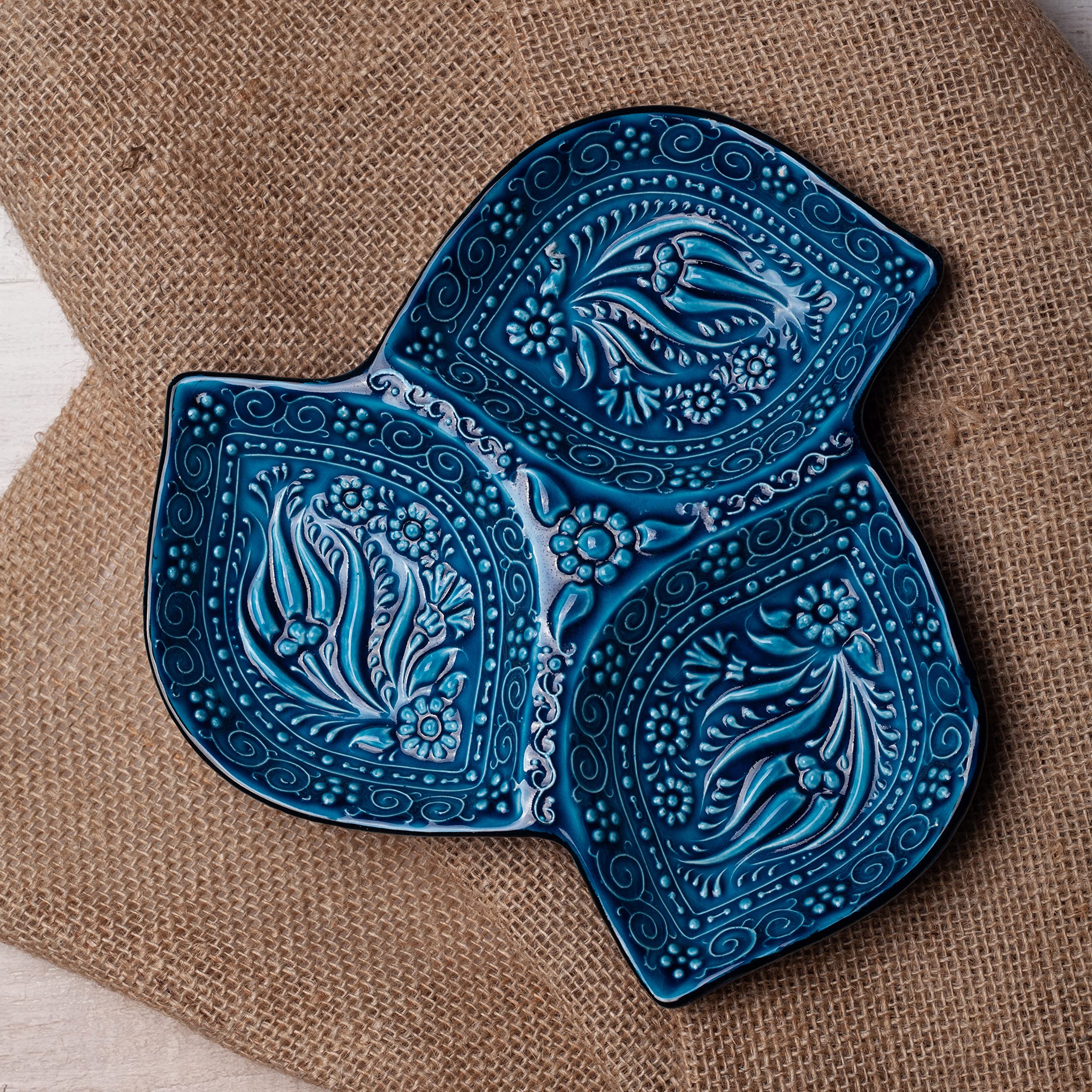 Lemose Leaf Shaped Decorative Ceramic Appetizer Plate - 3 Compartment Snack Tray Floral Pattern Serving Platter Cute Blue Divided Plates Embossed Dinnerware Bowls Dish for Fruits, Dips