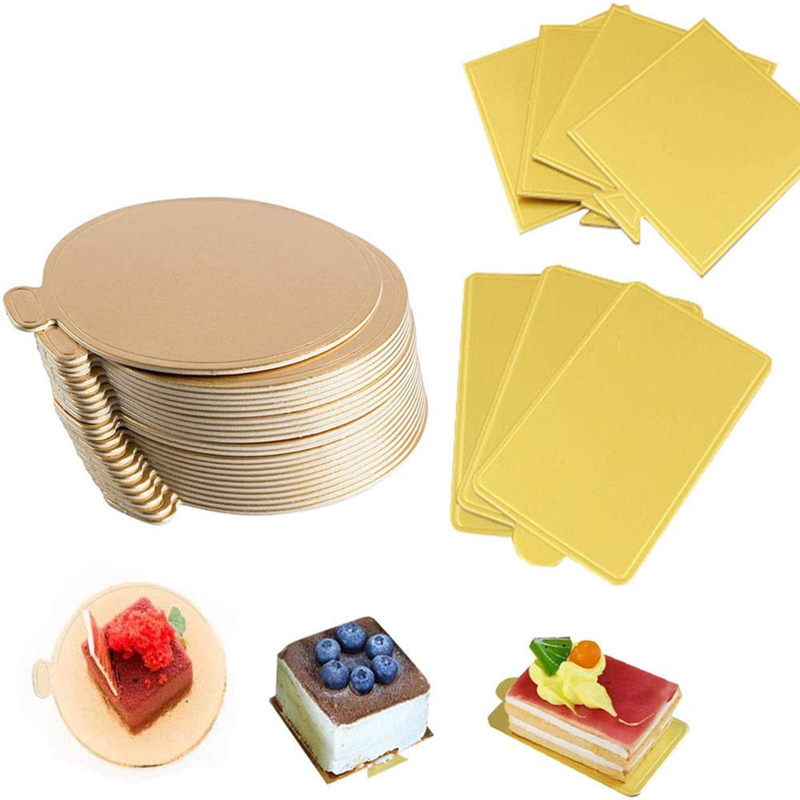 100-Pack Mini Cake Base Boards, Gold Mousse Cake Cardboard Set, Ideal for Dessert Buffet, Wedding, Parties, Catering Supplies (mixing set)