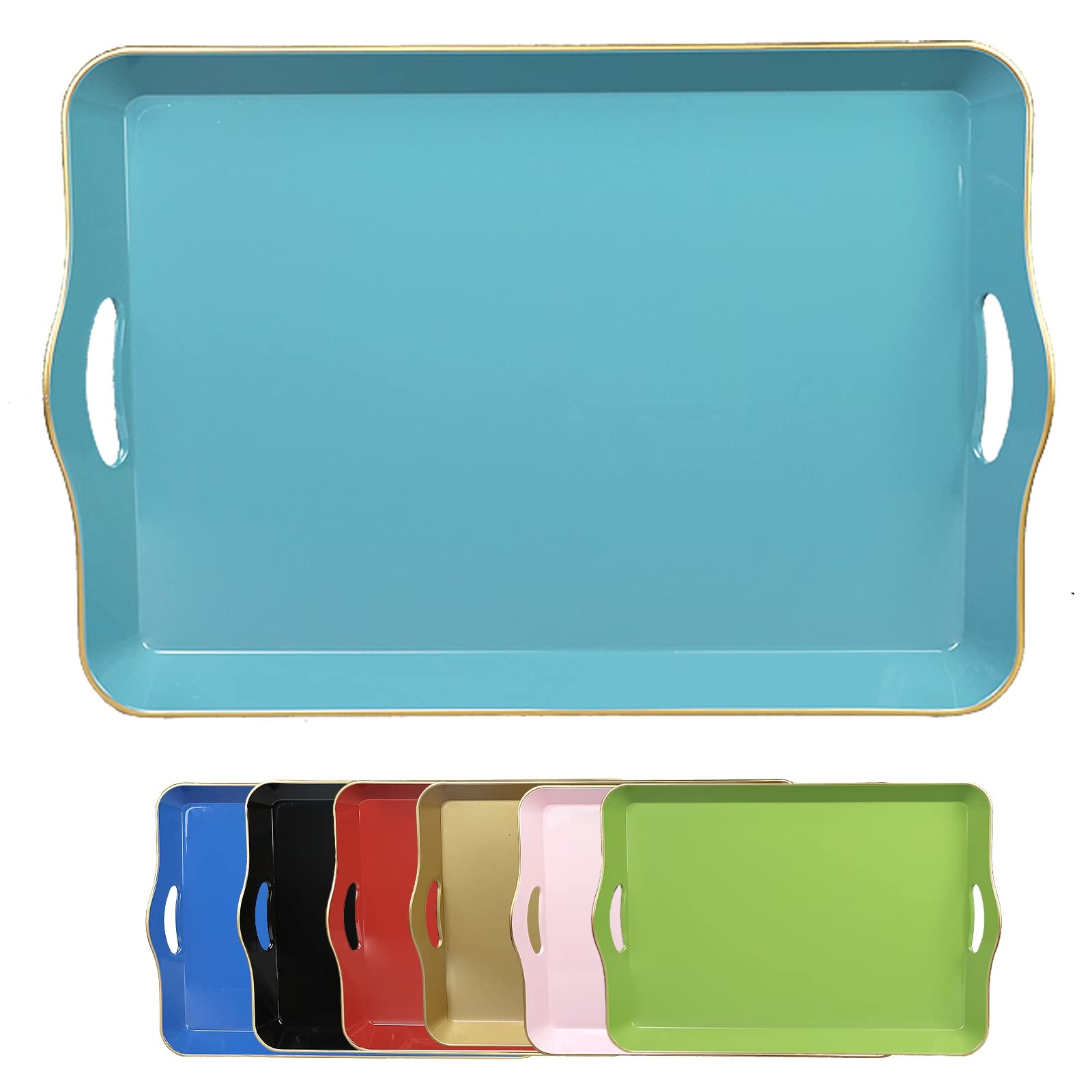 Leemxiiny Teal Blue Decorative Tray for Coffee Table with Handles, Plastic Rectangular Serving Tray for Living Room, Bathroom, Outdoors, 11.8"*17.3"