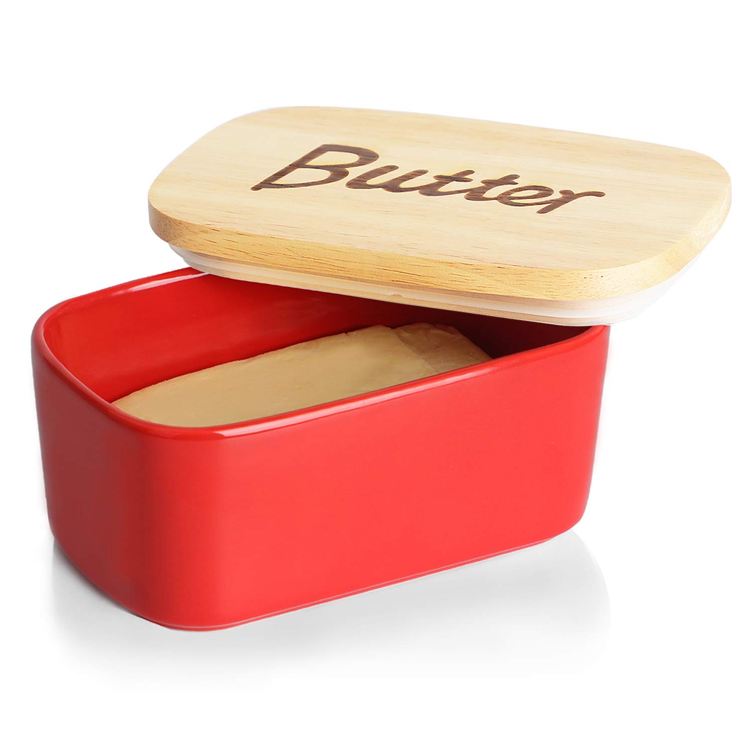 Ceramics Butter Dish with Wooden Lid- Large Covered Butter Holder for Countertop, Butter Keeper Container Perfect for Holds 2X 4oz West/East Coast Butter, Red