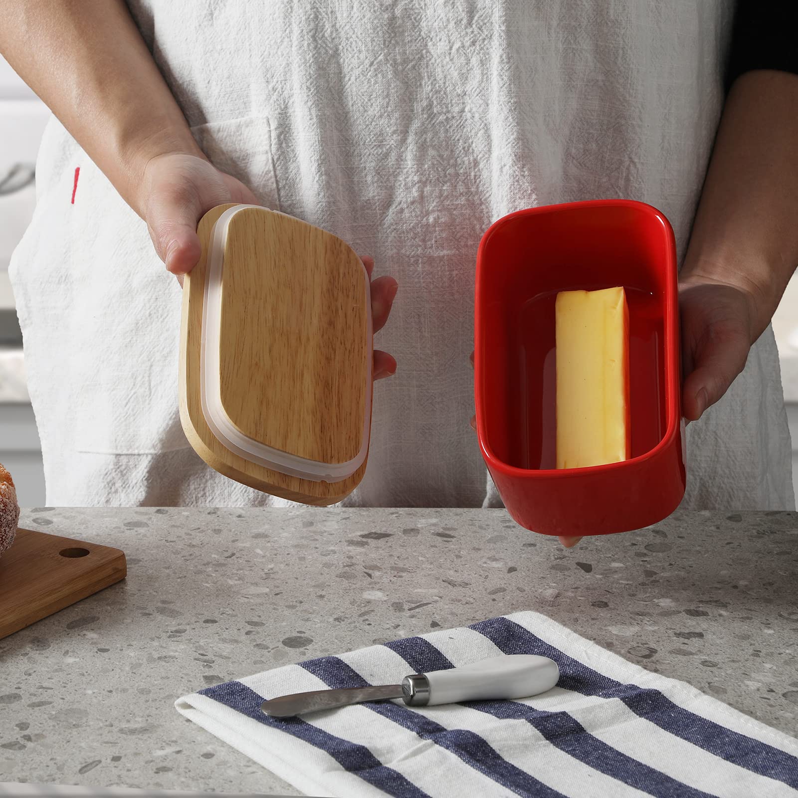 Ceramics Butter Dish with Wooden Lid- Large Covered Butter Holder for Countertop, Butter Keeper Container Perfect for Holds 2X 4oz West/East Coast Butter, Red