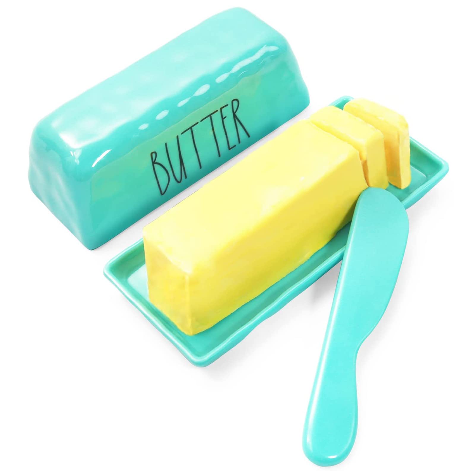 TP Butter Dish with Lid and Knife Polished Design Melamine Butter Keeper, Butter Holder with Cover, Butter Container Holds a Standard Stick of Butter, Dishwasher Safe (Teal)