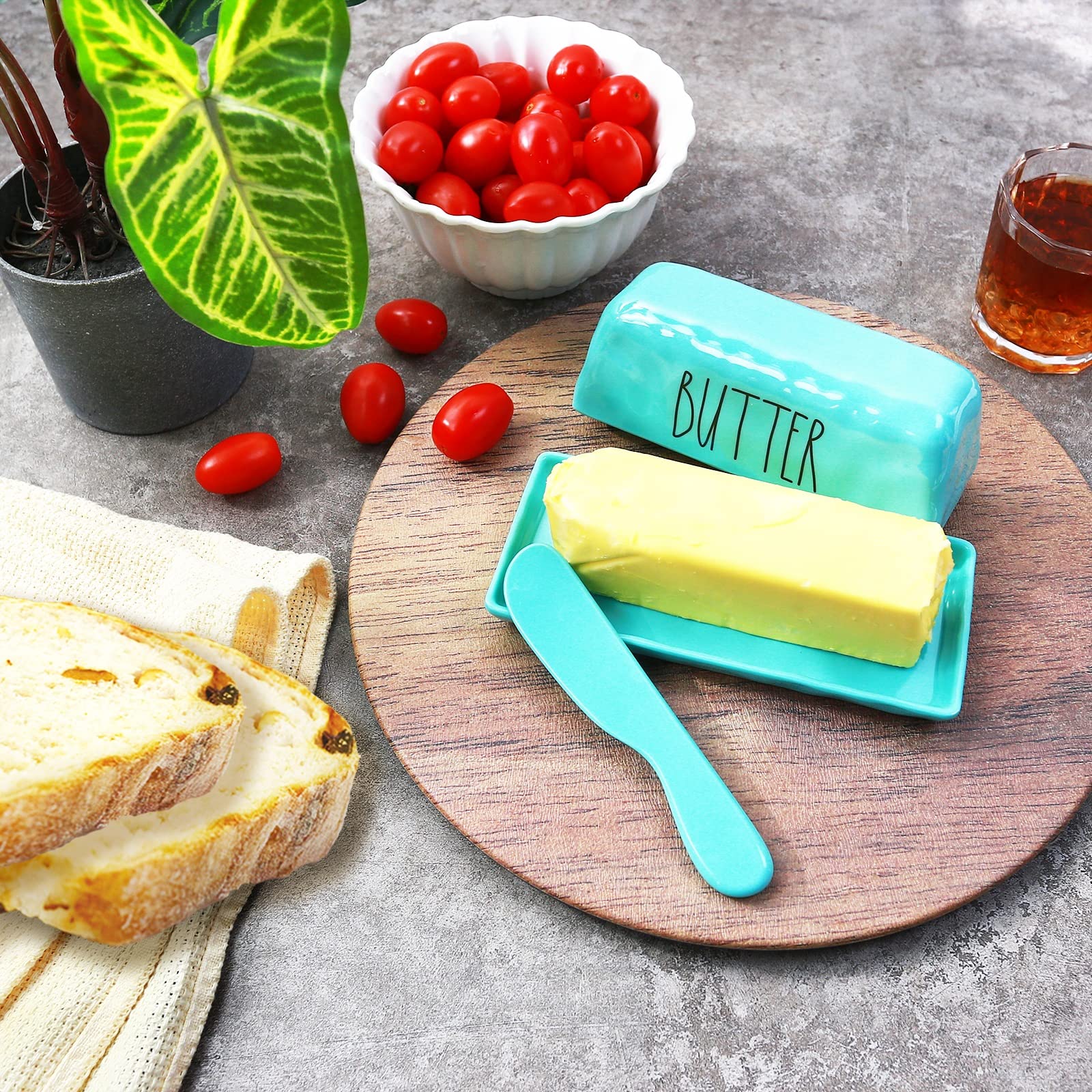 TP Butter Dish with Lid and Knife Polished Design Melamine Butter Keeper, Butter Holder with Cover, Butter Container Holds a Standard Stick of Butter, Dishwasher Safe (Teal)