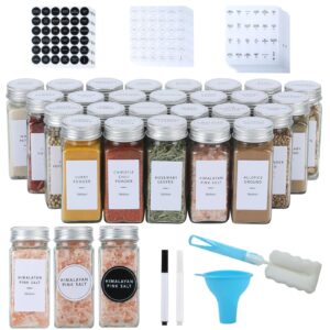 skiileor 25 pcs spice jars with labels- glass spice jars with labels,shaker lids, funnel, chalk pen, brush，4oz seasoning containers bottles for spice rack, cabinet, drawer