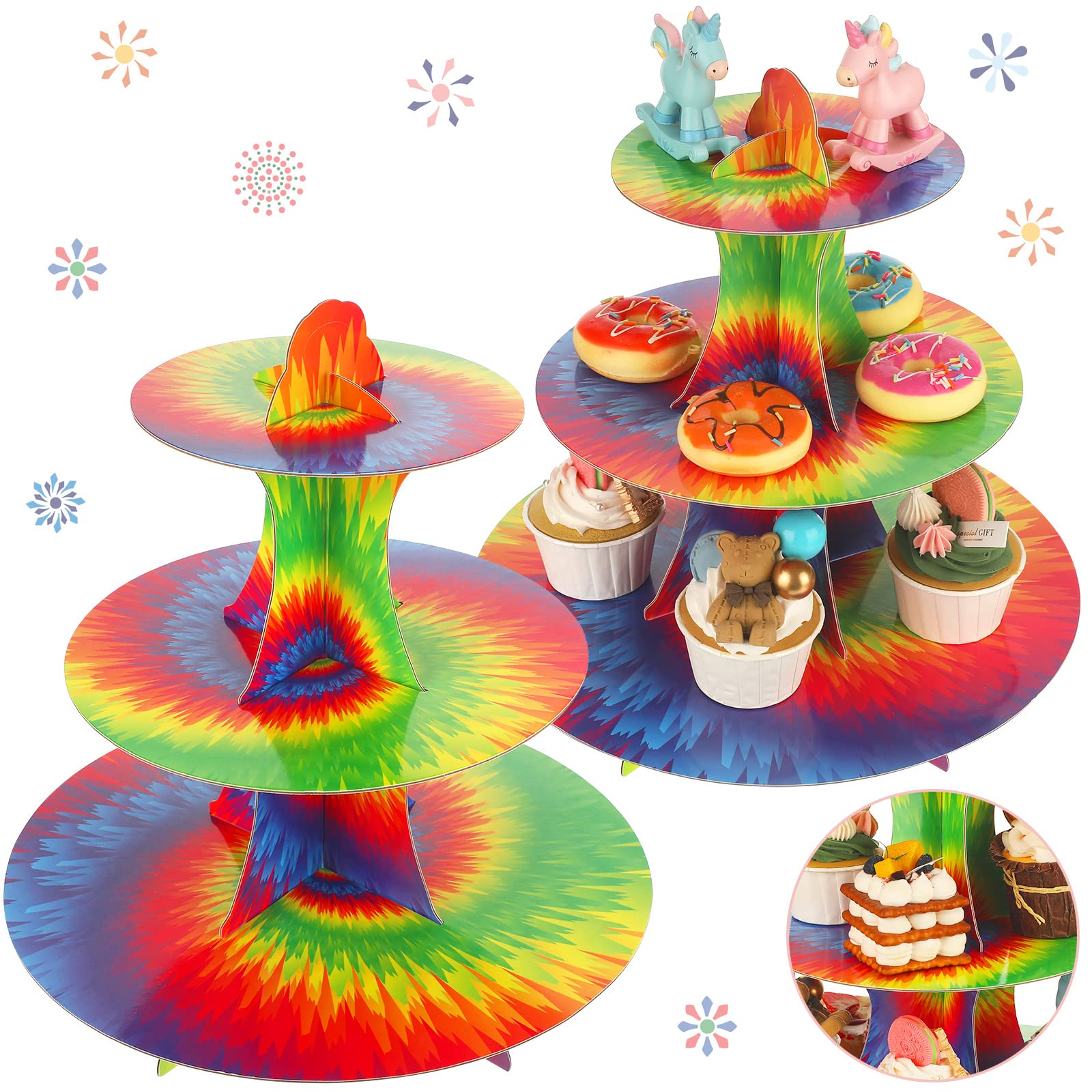 2 Pieces 3 Tier Tie Dye Round Cardboard Cupcake Stand for 24 Cupcakes Rainbow Cake Stand Dessert Tower Pastry Serving Platter Food Display for Birthday Party Table Supplies