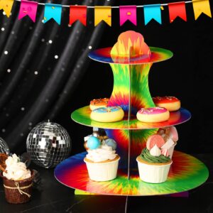 2 Pieces 3 Tier Tie Dye Round Cardboard Cupcake Stand for 24 Cupcakes Rainbow Cake Stand Dessert Tower Pastry Serving Platter Food Display for Birthday Party Table Supplies