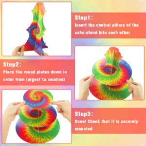 2 Pieces 3 Tier Tie Dye Round Cardboard Cupcake Stand for 24 Cupcakes Rainbow Cake Stand Dessert Tower Pastry Serving Platter Food Display for Birthday Party Table Supplies