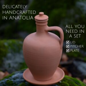 Hakan Anadolu Natural Clay Water Pitcher Set | Unglazed Terracotta Water Carafe & Plate | Traditional Small Mud Jug | Pottery Jar for Drinking Water | Small | 1.6 qts