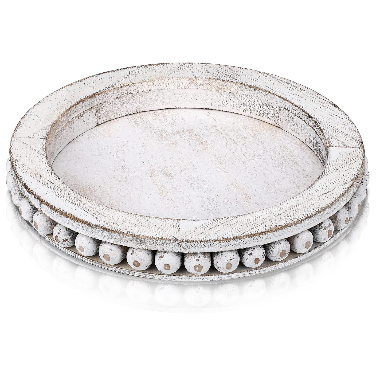 Yulejo Round Rustic Wood Beaded Tray, White, 9.84 in Diameter