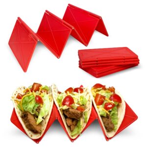 foldable taco holders set of 4, red taco holder for soft & hard taco shells, collapses for improved kitchen storage & organization, taco holder stand kit holds 2 or 3 tacos, dishwasher safe plastic