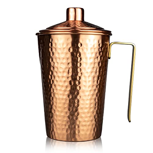 Kosdeg - Copper Pitcher With Lid - 44 Oz - Drink More Water, Lower Your Sugar Intake And Enjoy The Health Benefits - Pure Copper Handmade Hammered Jug, The Best Bedside Carafe - Heavy Gauge