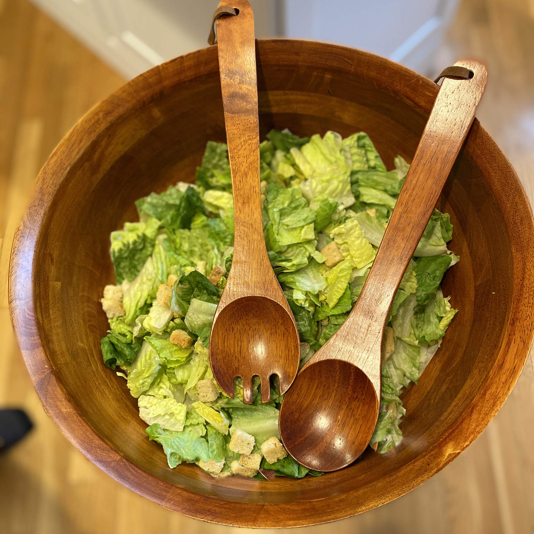 Woodard & Charles Extra Large Salad/Serving Bowl Set with Stand. 16" x 7" Bowl, 30" Stand, 14" Servers -perfect for Caesar Salads, Large Salads, Popcorn, Chips or Fruit.