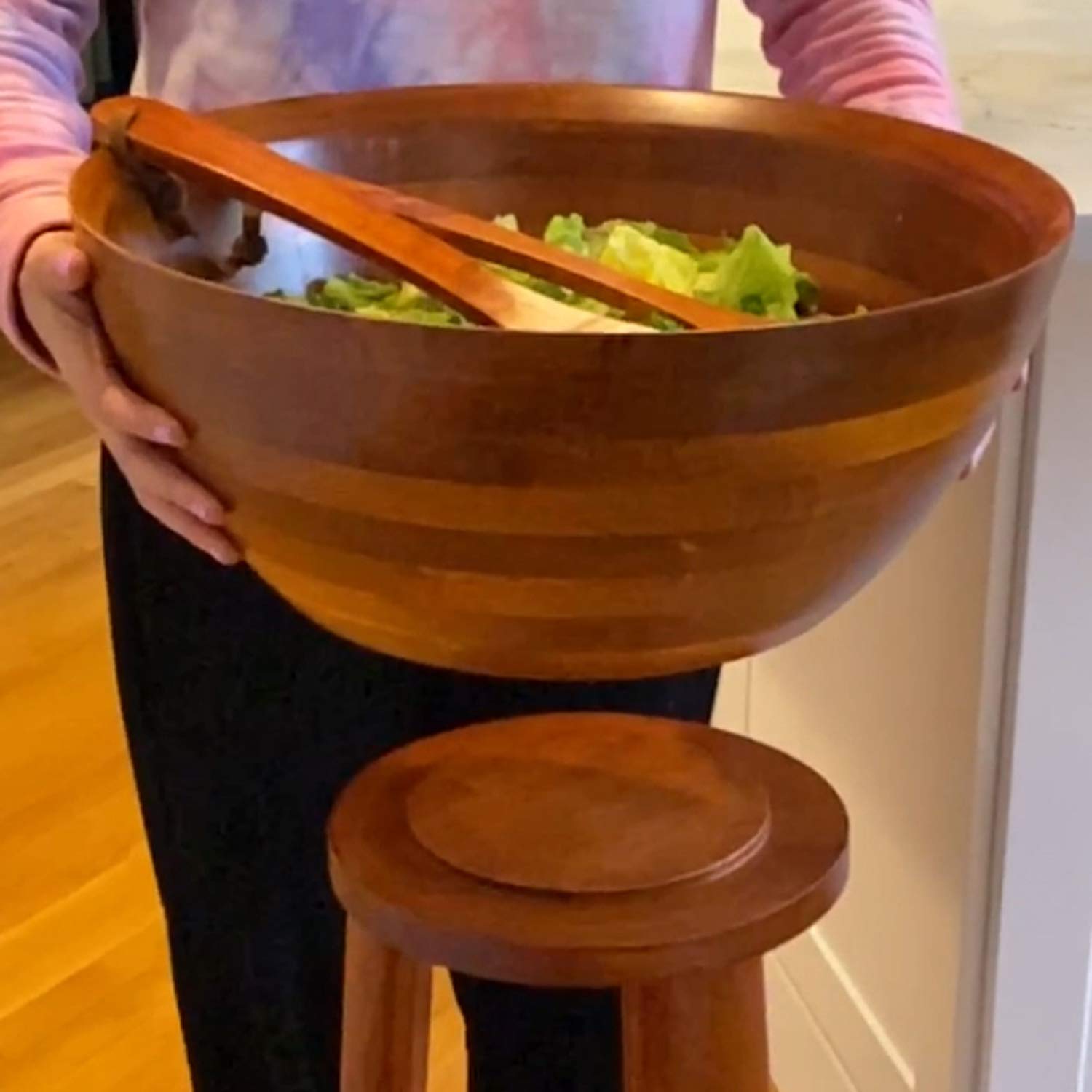 Woodard & Charles Extra Large Salad/Serving Bowl Set with Stand. 16" x 7" Bowl, 30" Stand, 14" Servers -perfect for Caesar Salads, Large Salads, Popcorn, Chips or Fruit.