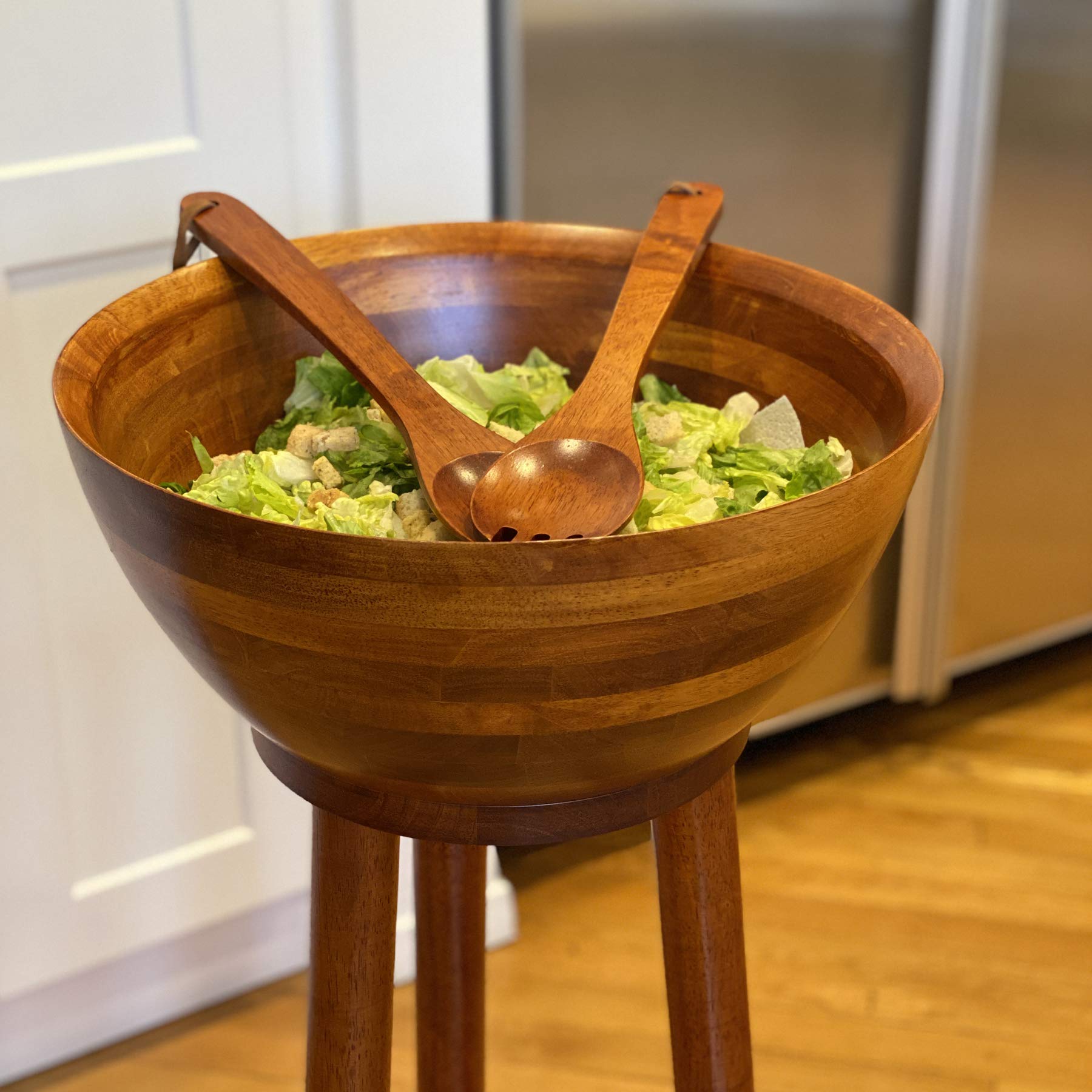 Woodard & Charles Extra Large Salad/Serving Bowl Set with Stand. 16" x 7" Bowl, 30" Stand, 14" Servers -perfect for Caesar Salads, Large Salads, Popcorn, Chips or Fruit.