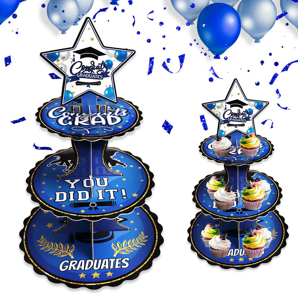 Hying Graduation Cupcake Stands 2024 for Dessert Table Party, 3 Tire Round Cardboard Dessert Stand 2024 Blue for Graduation Party Favors Supplies 2024 Cupcake Tower Display Congrats Grad 2024