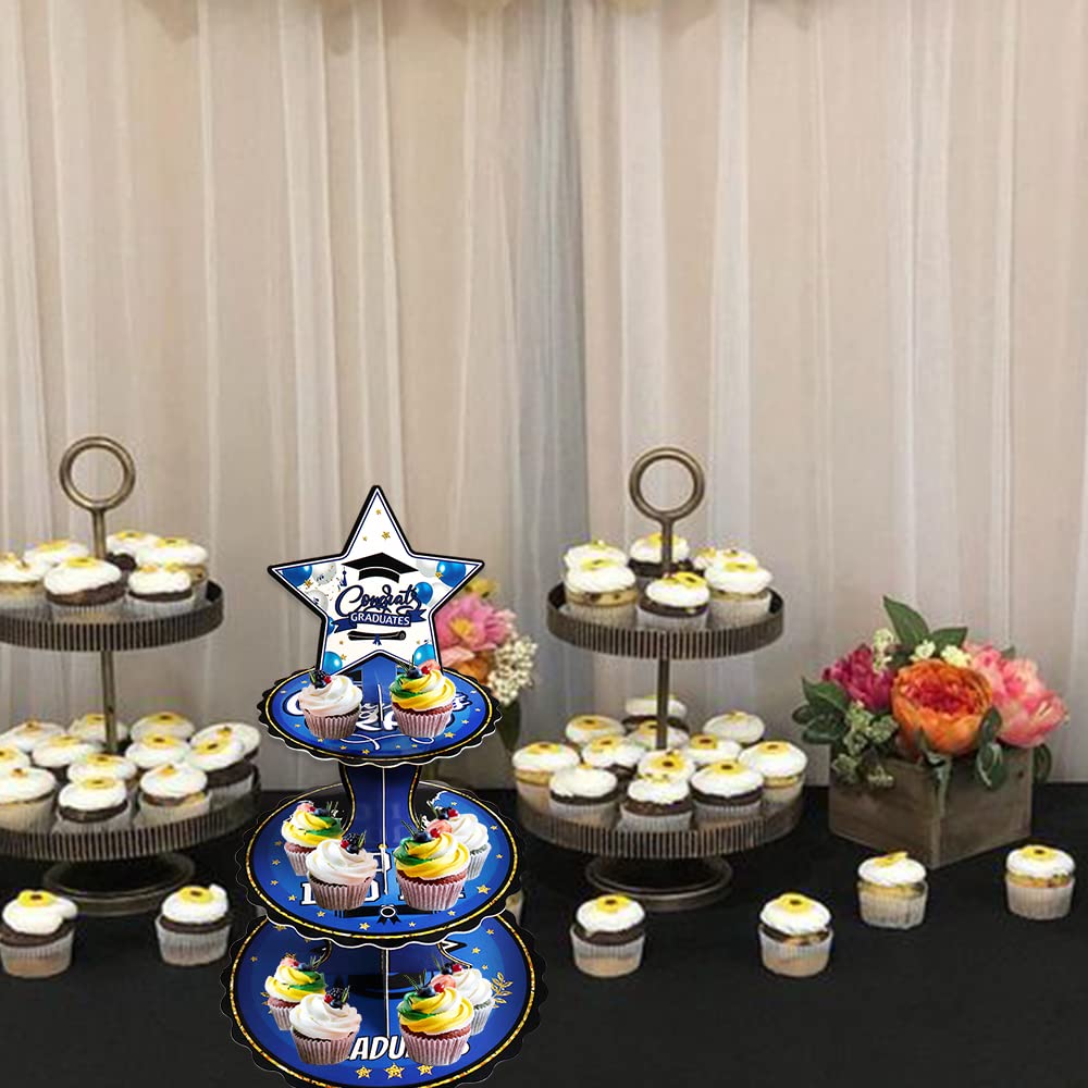 Hying Graduation Cupcake Stands 2024 for Dessert Table Party, 3 Tire Round Cardboard Dessert Stand 2024 Blue for Graduation Party Favors Supplies 2024 Cupcake Tower Display Congrats Grad 2024