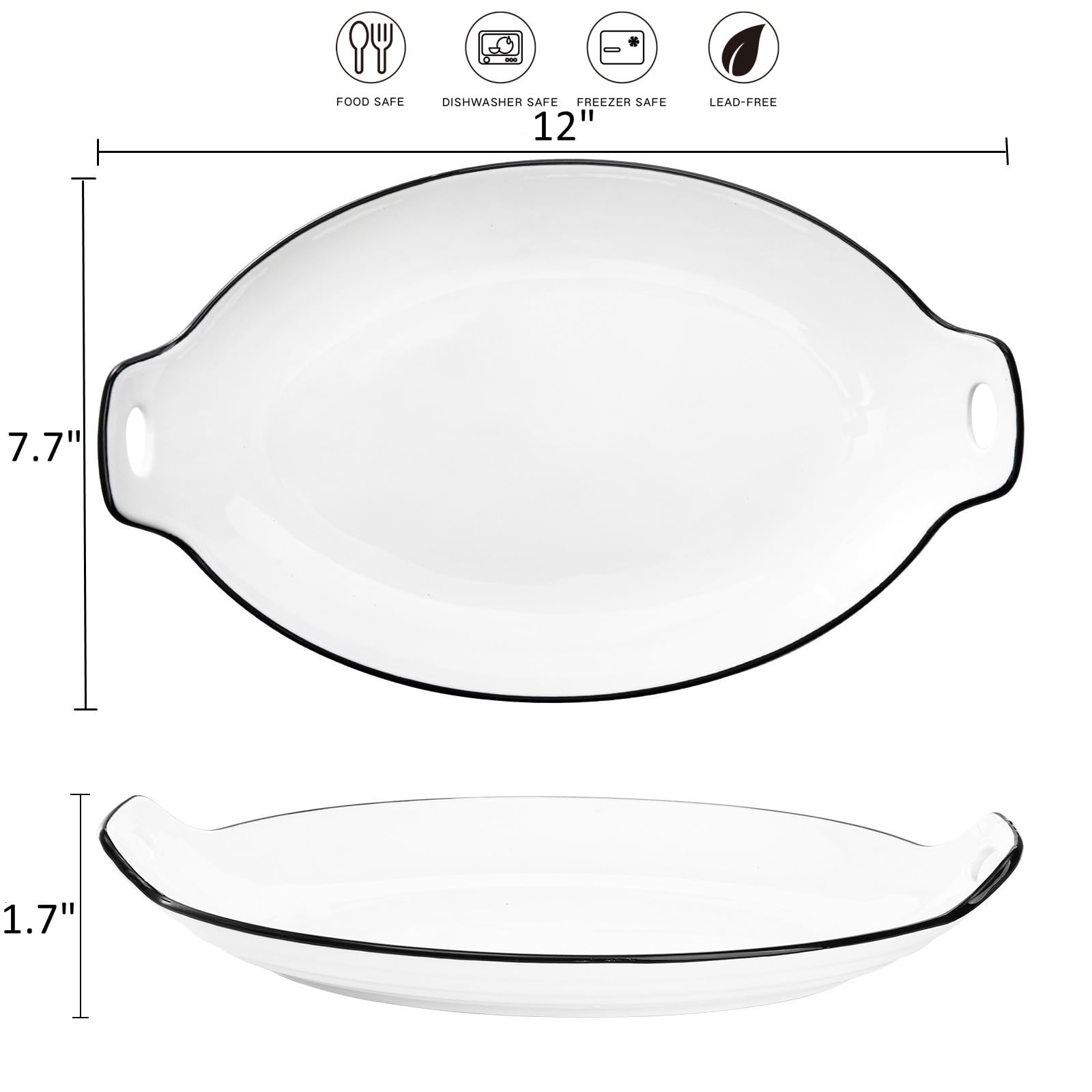 ZOOFOX Set of 4 Oval Serving Platter, 12" White Porcelain Serving Tray with Handle, Large Serving Plates for Appetizer, Dessert, Meat, Salad, Noodle