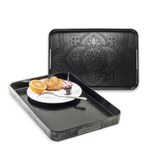 bzyoo melamine gallery tray -11.5in x 16inch large rectangle serving tray with handle for entertaining, ottoman and kitchen counter decor, decorative home coffee table tray or vanity tray - black