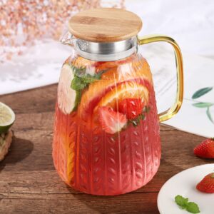 68 Ounce Glass Pitcher with Bamboo Lid | Stove Safe Pitcher Iced Tea Spout Water Carafe,Beverage Pitcher for Homemade Juice and Iced Tea (2000ML)