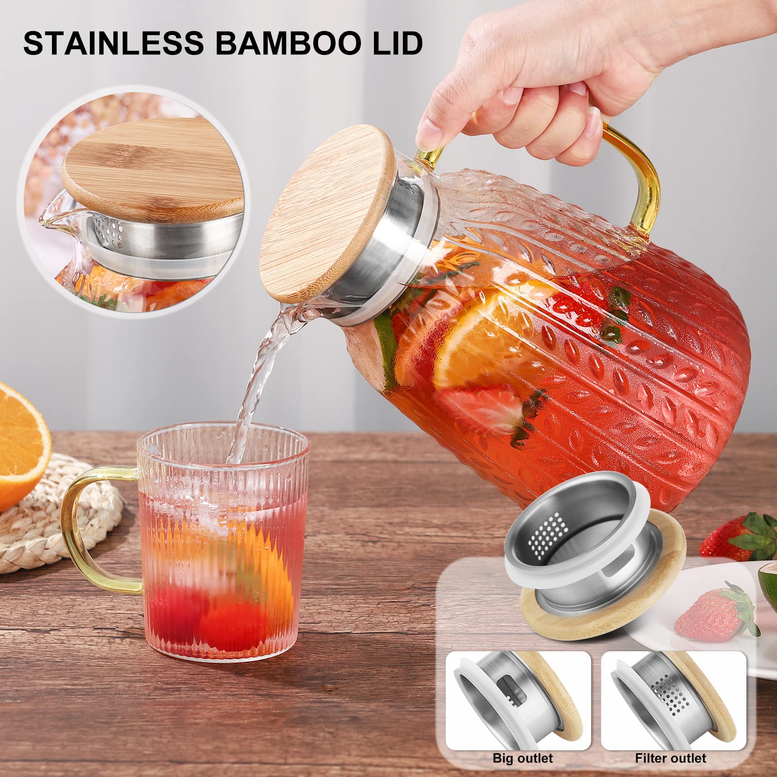 68 Ounce Glass Pitcher with Bamboo Lid | Stove Safe Pitcher Iced Tea Spout Water Carafe,Beverage Pitcher for Homemade Juice and Iced Tea (2000ML)