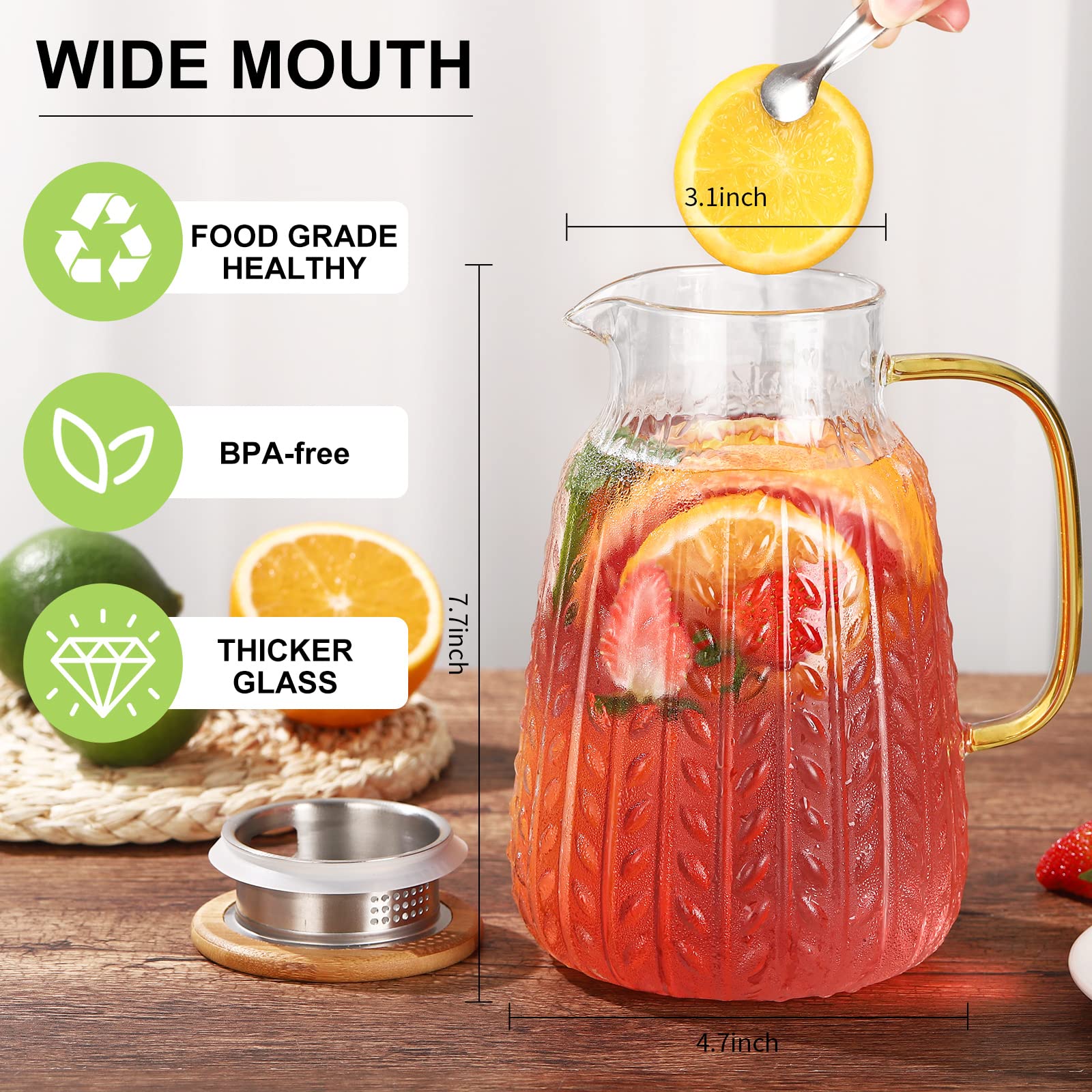 68 Ounce Glass Pitcher with Bamboo Lid | Stove Safe Pitcher Iced Tea Spout Water Carafe,Beverage Pitcher for Homemade Juice and Iced Tea (2000ML)