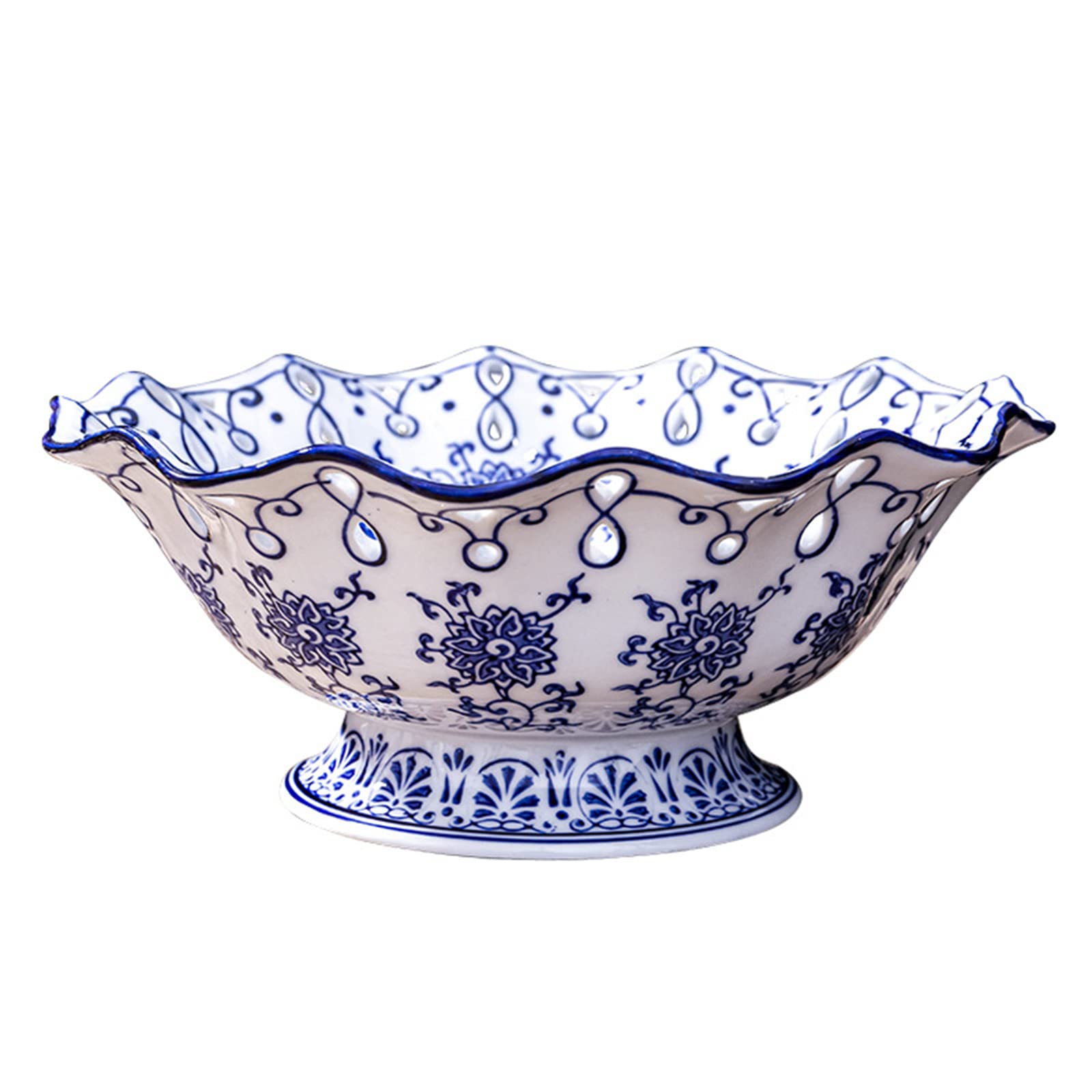 Fruit Bowl Fruit Serving Plate Blue and White Porcelain Decoration Bowl with Foot for Living Dining Drawing Room, 24cm (Blue&White-with foot)