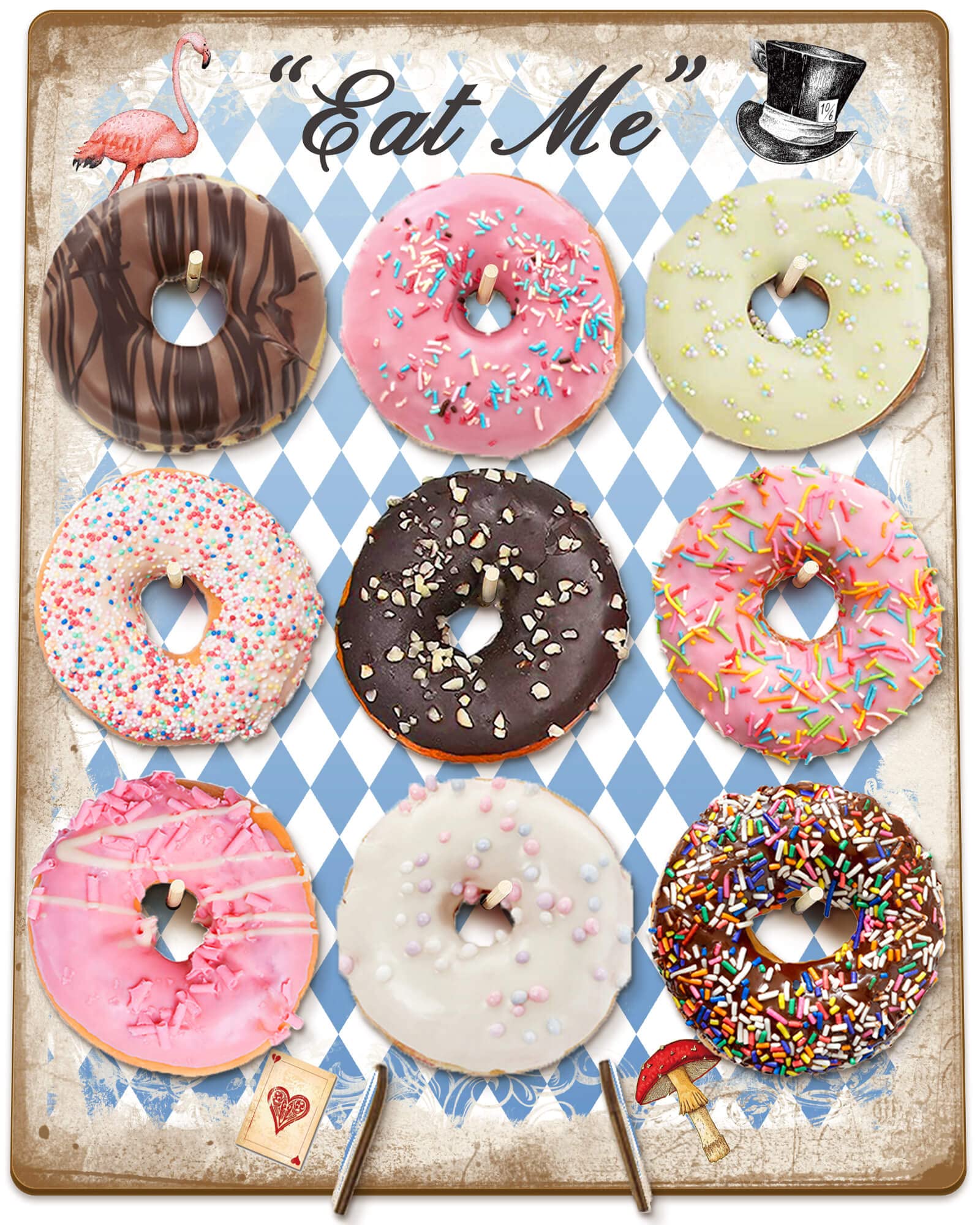 Faivykyd Alice in Wonderland Donut Wall Display Stand,Wonderland Themed Party Decorations for Weddings,Birthday & Donut Grow Up Parties,Mad Hatters Tea Party Props,Eat Me Donut Holder Fits 9 Doughnuts