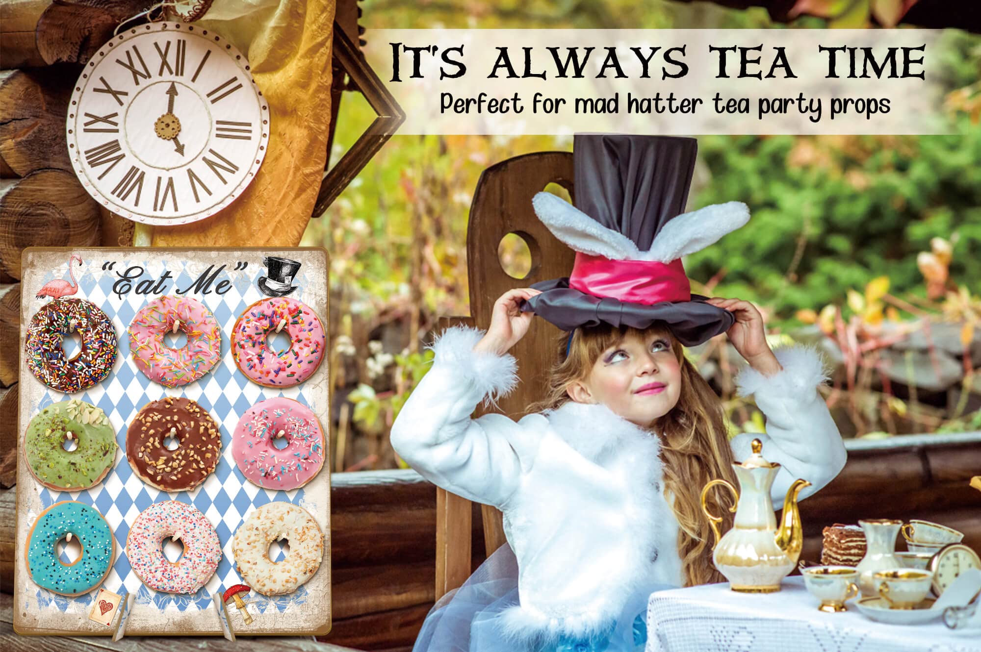 Faivykyd Alice in Wonderland Donut Wall Display Stand,Wonderland Themed Party Decorations for Weddings,Birthday & Donut Grow Up Parties,Mad Hatters Tea Party Props,Eat Me Donut Holder Fits 9 Doughnuts