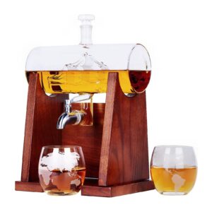 glolaurge whiskey decanter with 2 globe glasses, 1250ml ship whiskey decanter set for men, liquor bourbon decanter gift for him