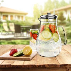 Classic Cuisine Glass Pitcher-64oz. Carafe with Stainless Steel Filter Lid-Heat Resistant to 300F-For Water, Coffee, Tea, Punch, Lemonade and More, 64 oz, Clear