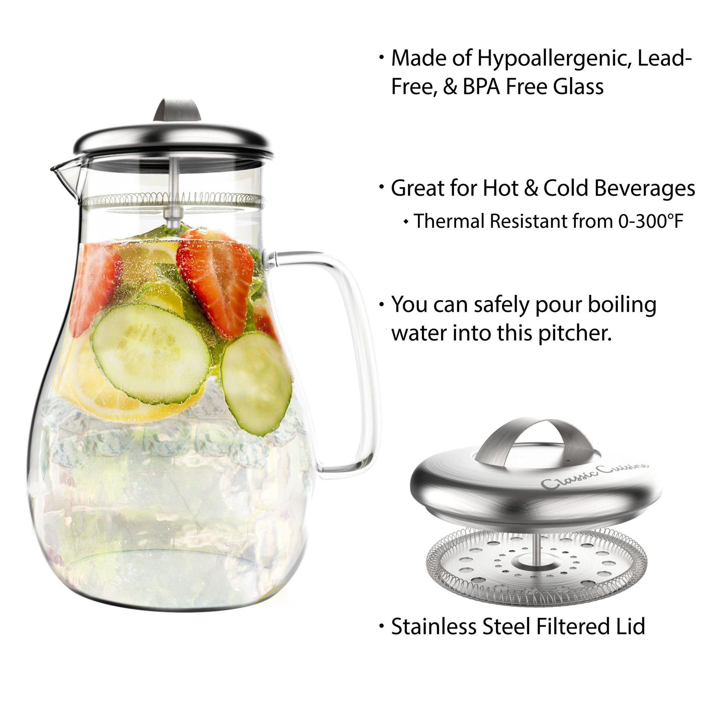 Classic Cuisine Glass Pitcher-64oz. Carafe with Stainless Steel Filter Lid-Heat Resistant to 300F-For Water, Coffee, Tea, Punch, Lemonade and More, 64 oz, Clear