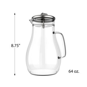 Classic Cuisine Glass Pitcher-64oz. Carafe with Stainless Steel Filter Lid-Heat Resistant to 300F-For Water, Coffee, Tea, Punch, Lemonade and More, 64 oz, Clear