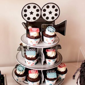 Qidiwin 3 Tier Cupcake Foam Stand with Movie Reel Design for Party Decorations , Movie Reel Cupcake Stand