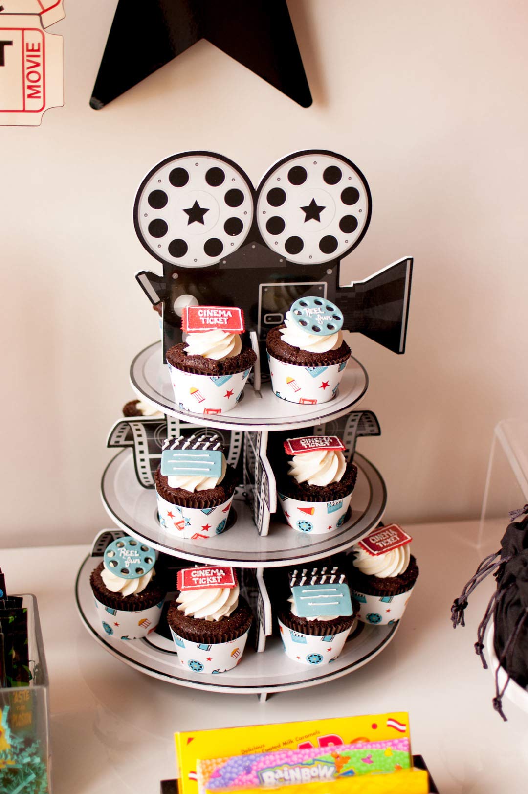 Qidiwin 3 Tier Cupcake Foam Stand with Movie Reel Design for Party Decorations , Movie Reel Cupcake Stand