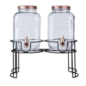 Efavormart Set of 2 Glass Beverage Dispenser with Spigot Metal Lid and One Black Stand - 2 Gallon, Wide Mouth Easy Filling