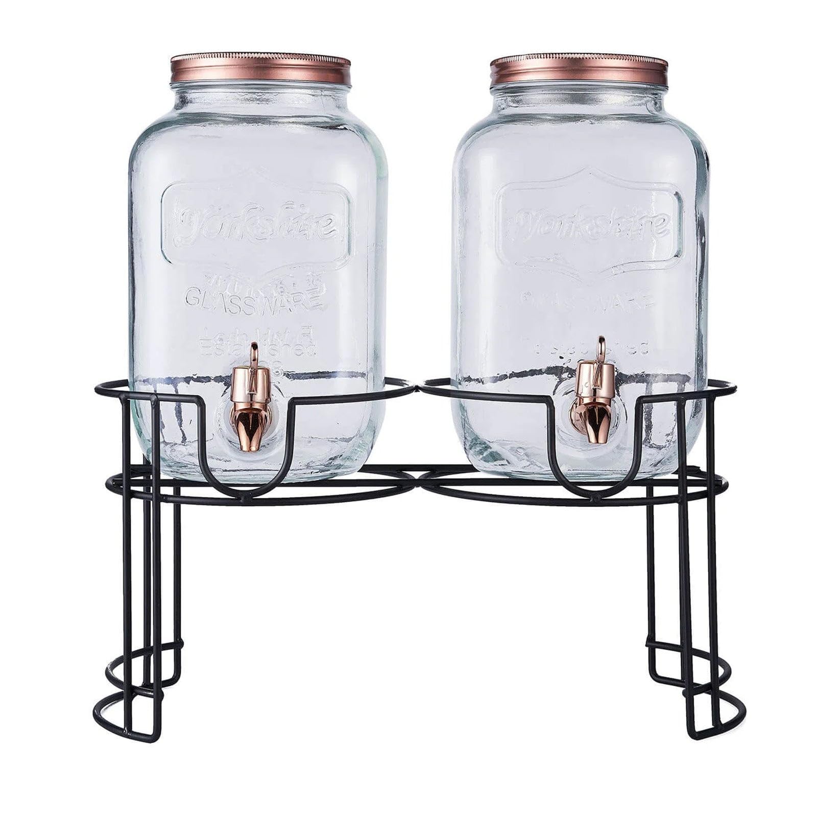 Efavormart Set of 2 Glass Beverage Dispenser with Spigot Metal Lid and One Black Stand - 2 Gallon, Wide Mouth Easy Filling