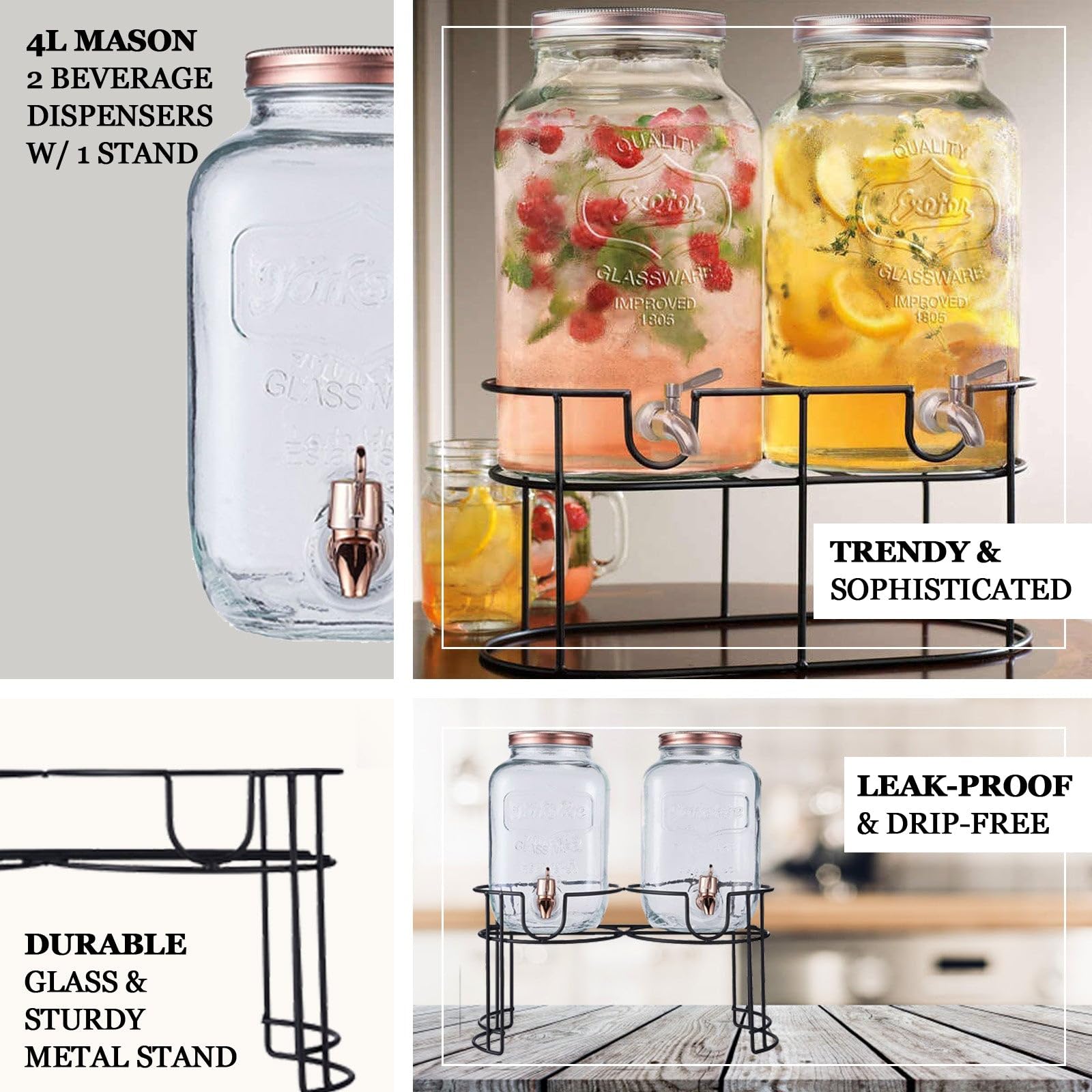 Efavormart Set of 2 Glass Beverage Dispenser with Spigot Metal Lid and One Black Stand - 2 Gallon, Wide Mouth Easy Filling