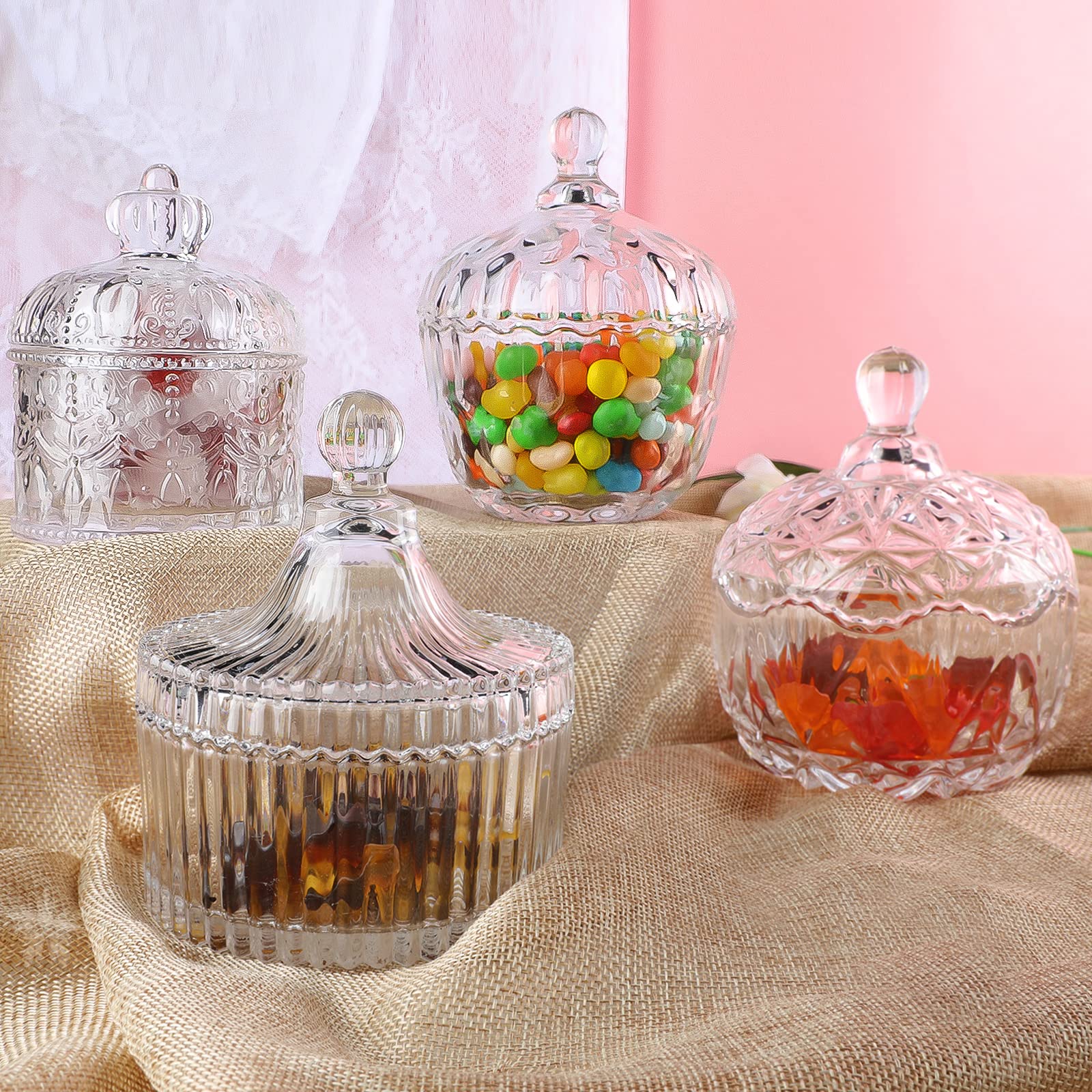 INFTYLE Glass Candy Dish with Lid Set of 4 Crystal Glass Candy Jar Jewelry Box Dappen Dish Cookie Jar for decorative storage gift idea (4pcs Clear)…