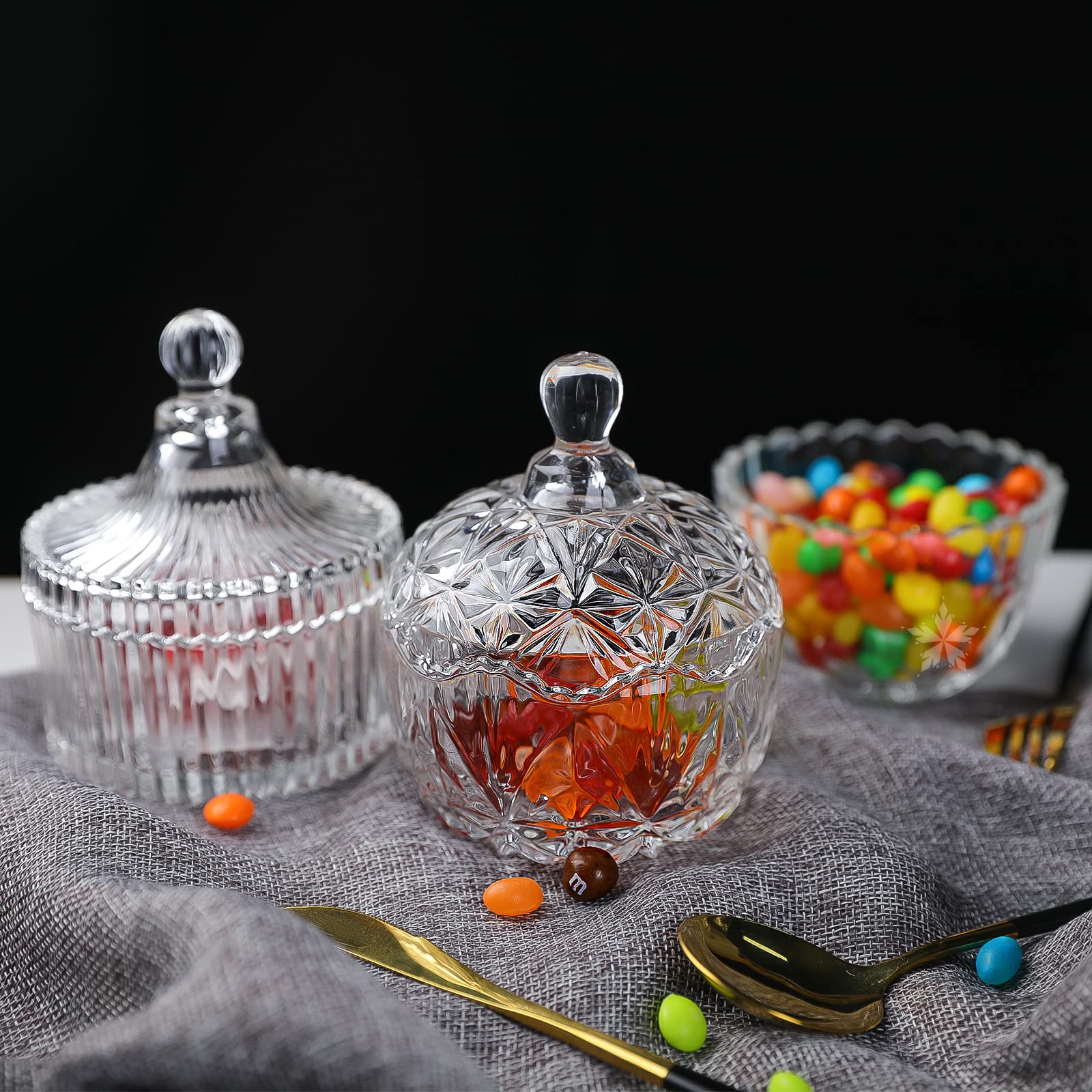 INFTYLE Glass Candy Dish with Lid Set of 4 Crystal Glass Candy Jar Jewelry Box Dappen Dish Cookie Jar for decorative storage gift idea (4pcs Clear)…