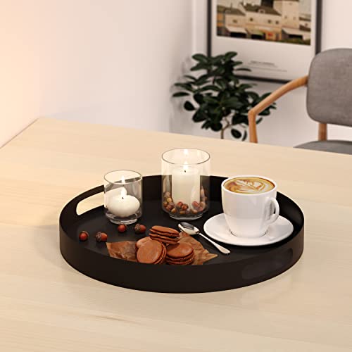 YOAYO Modern Round Decorative Iron Tray - Black 13" Coffee Table Serving Tray with Handles,Decorative Tray for Perfume,Vanity Counter Bathroom Tray