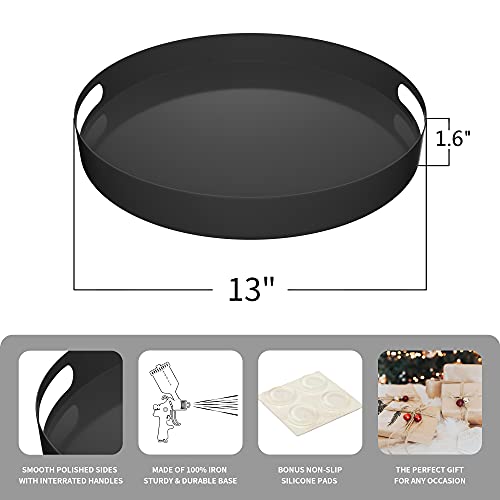 YOAYO Modern Round Decorative Iron Tray - Black 13" Coffee Table Serving Tray with Handles,Decorative Tray for Perfume,Vanity Counter Bathroom Tray