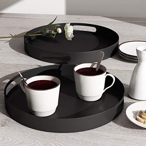 YOAYO Modern Round Decorative Iron Tray - Black 13" Coffee Table Serving Tray with Handles,Decorative Tray for Perfume,Vanity Counter Bathroom Tray