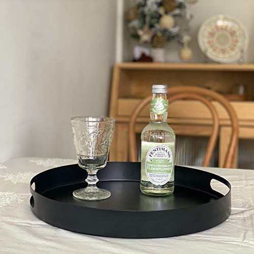 YOAYO Modern Round Decorative Iron Tray - Black 13" Coffee Table Serving Tray with Handles,Decorative Tray for Perfume,Vanity Counter Bathroom Tray