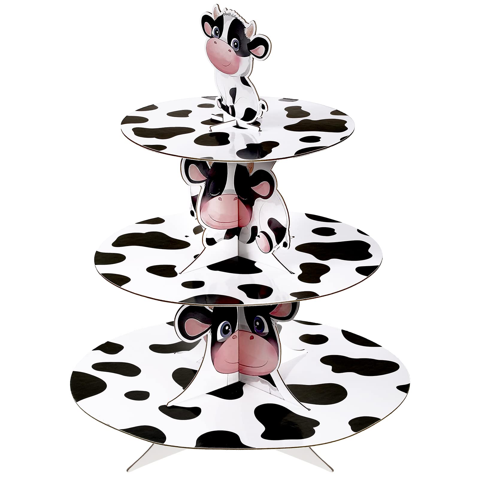 Farm Animal Cow Print Cupcake Stand Round Cardboard Cow Themed 3 Tier Cupcake Holder Cow Print Party Supplies Cow Party Decorations for 24 Cupcakes Baby Shower Cake Cowgirl Cowboy Decor