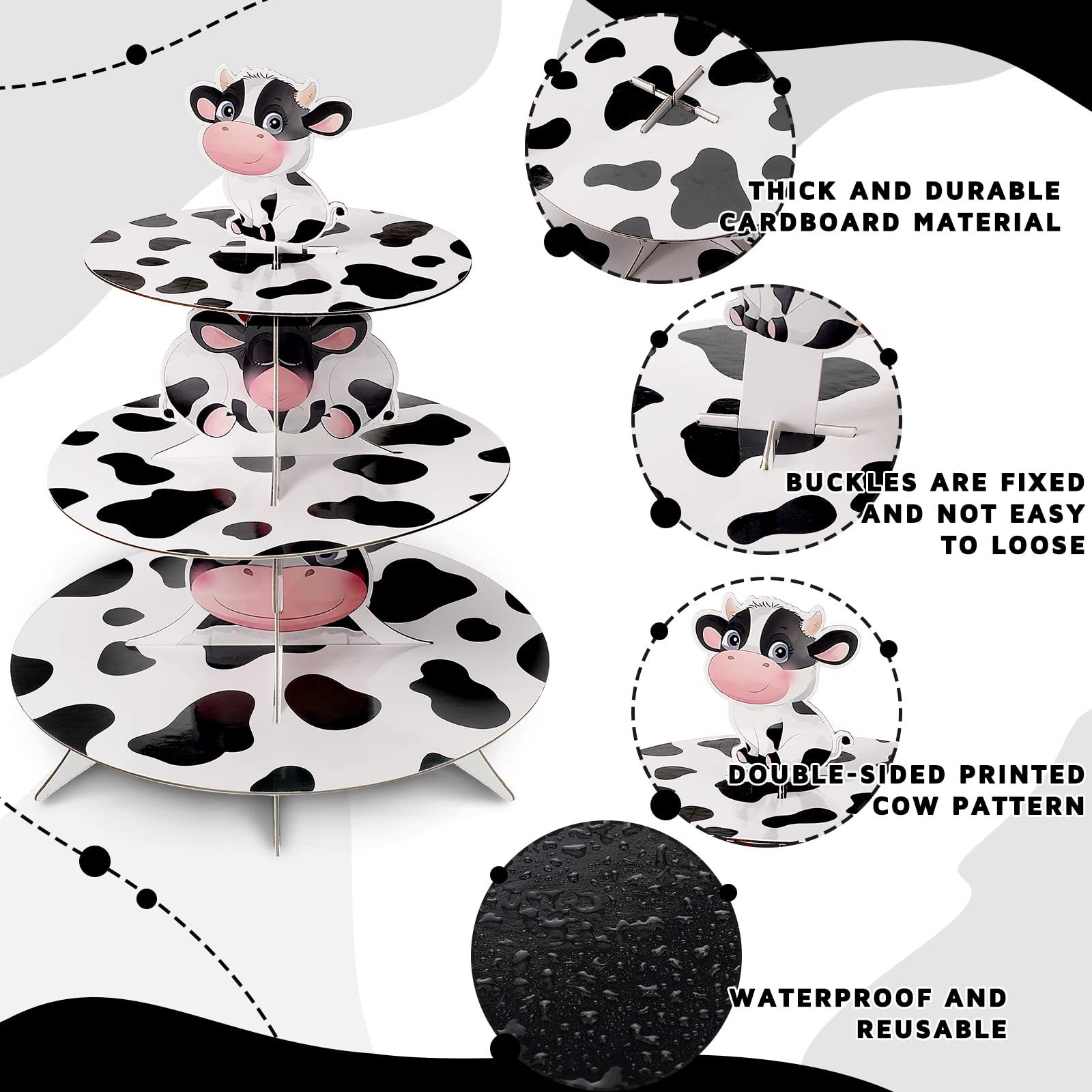 Farm Animal Cow Print Cupcake Stand Round Cardboard Cow Themed 3 Tier Cupcake Holder Cow Print Party Supplies Cow Party Decorations for 24 Cupcakes Baby Shower Cake Cowgirl Cowboy Decor