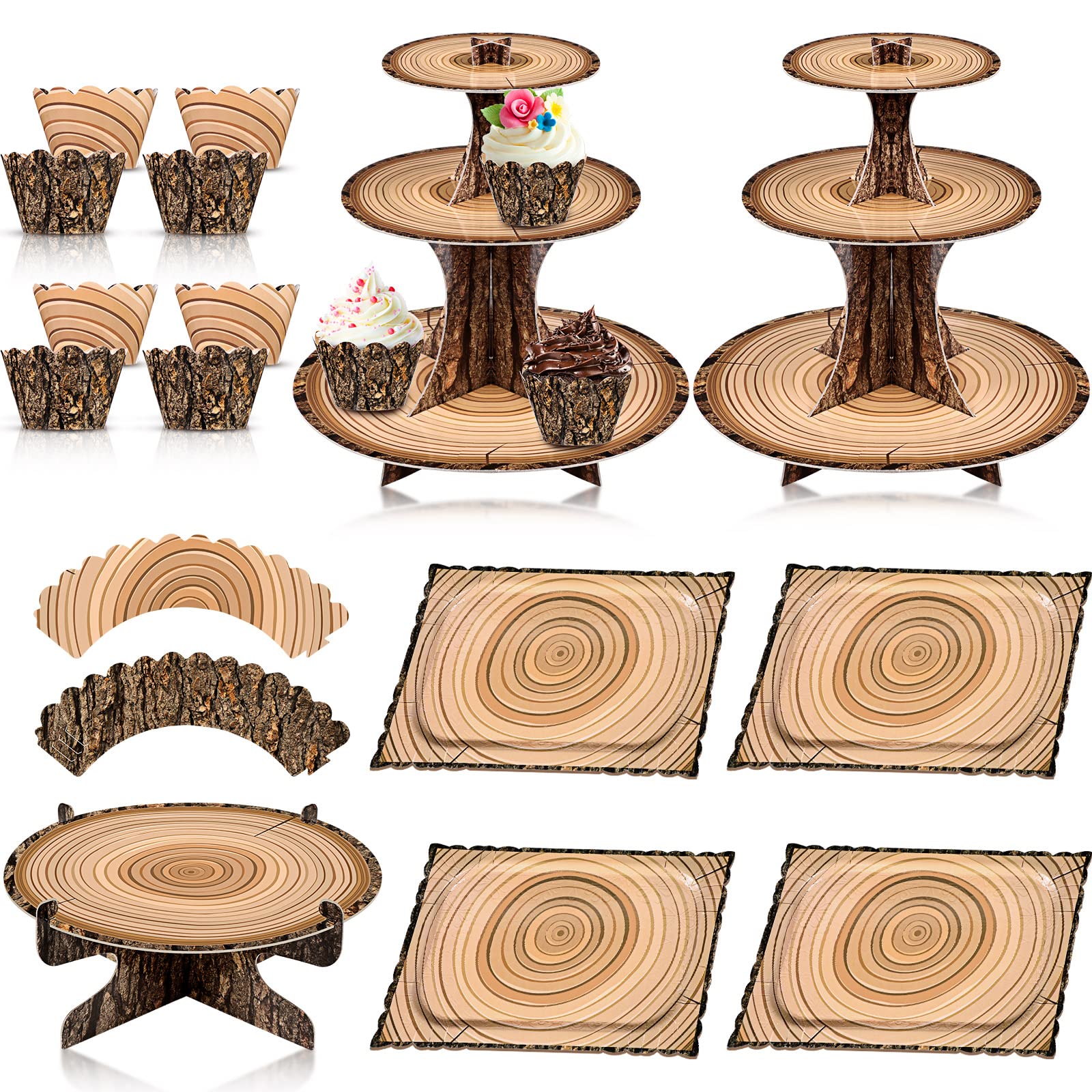 Sacubee Woodland Cupcake Stand Set Includes 2 Wood Grain Cardboard 3-Tier Cupcake Tower 1 Rustic Round Cake Stand 4 Rectangle Serving Tray 60 Cupcake Wrappers Bulk for Camp Lumberjack Party Decor